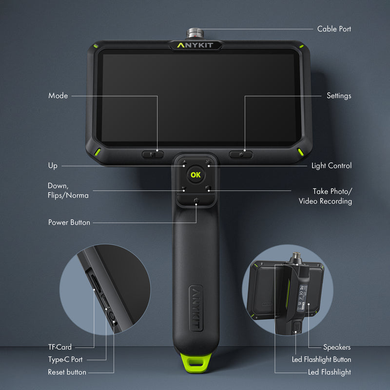Anykit 6" IPS Screen Endoscope Camera with Light, Dual Lens Digital In