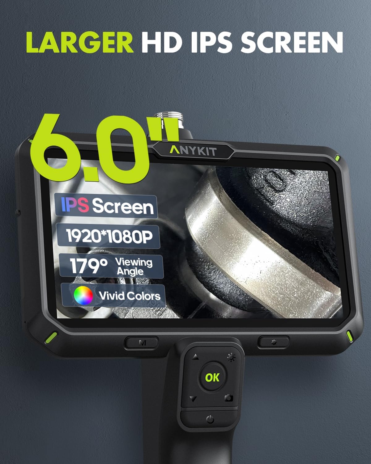 Anykit 6" IPS Screen Endoscope Camera with Light, Dual Lens Digital In